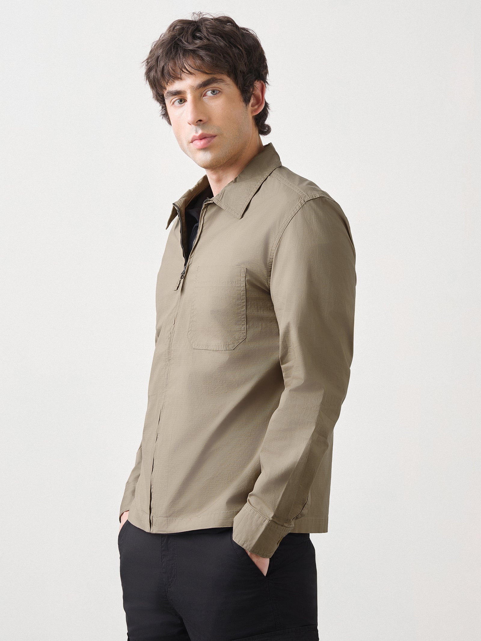 Buy Khaki Solid Shacket for Men Online - Red Flame